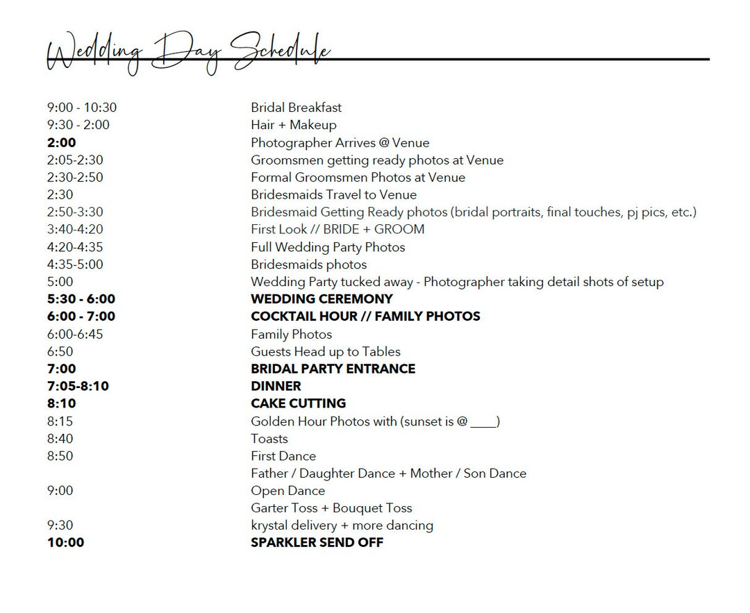 Wedding Day Schedule _ Template - Etsy
