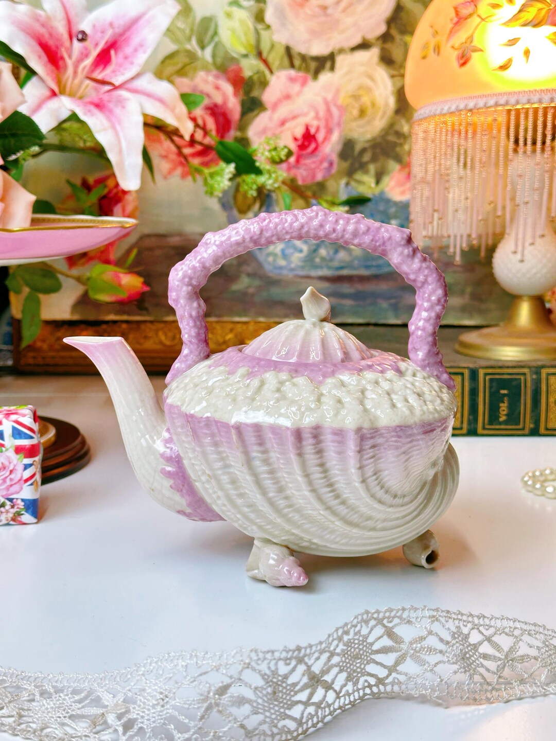 Very Rare Belleek 2nd Black Mark - Neptune Pattern Teapot - Pink - Etsy
