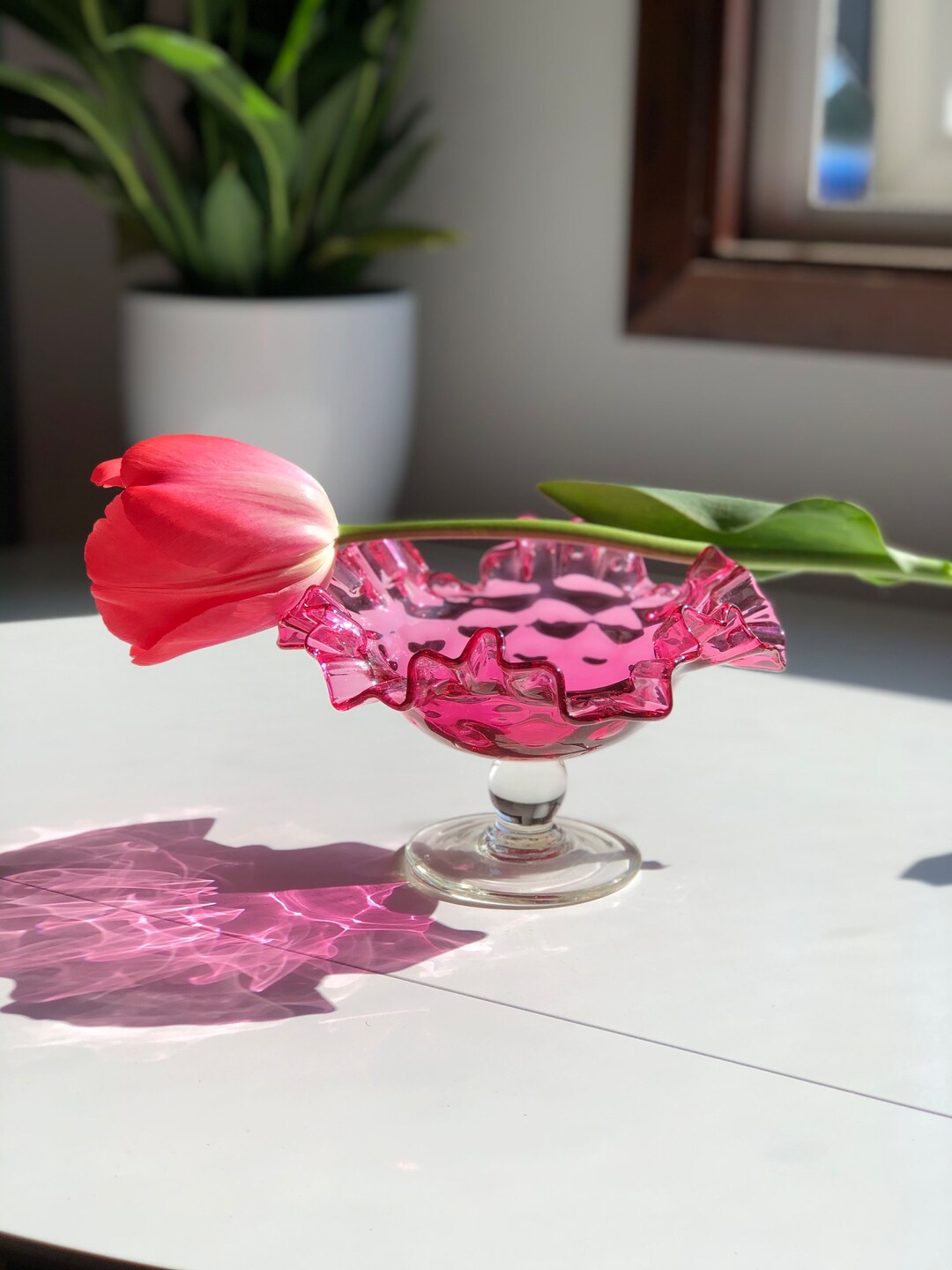 Vintage Ruffled Edge Cranberry Glass Compote Dish Bowl - Etsy