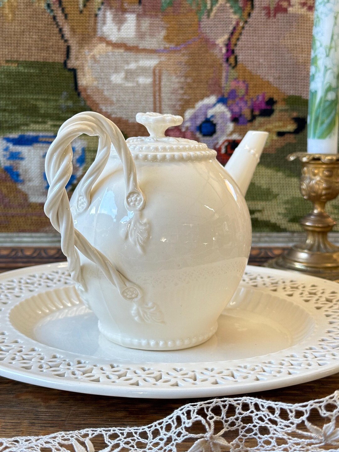 English Royal Creamware Clasical Small White Teapot With Twisted Handle ...
