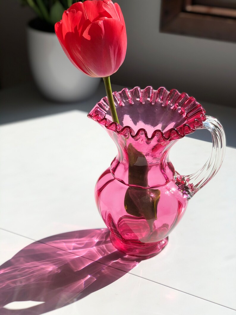 Antique Cranberry Glass Jug With Crimped Ruffle Top Rim, Vintage ...