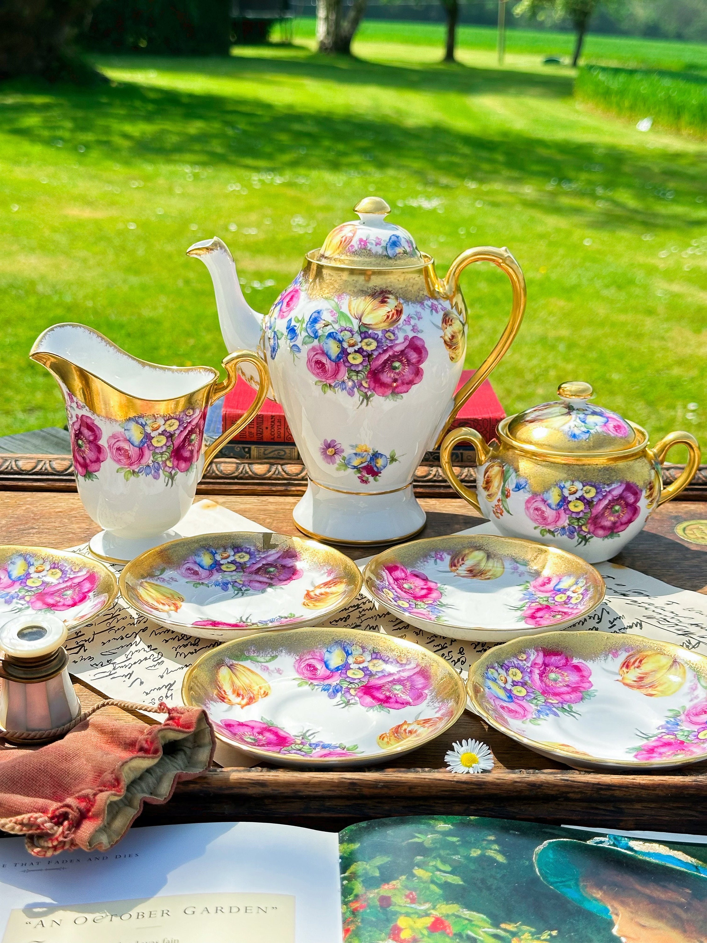 Royal Chelsea Floral Rose Bouquet Heavy Gilt Coffee Set 15 Pieces - Etsy