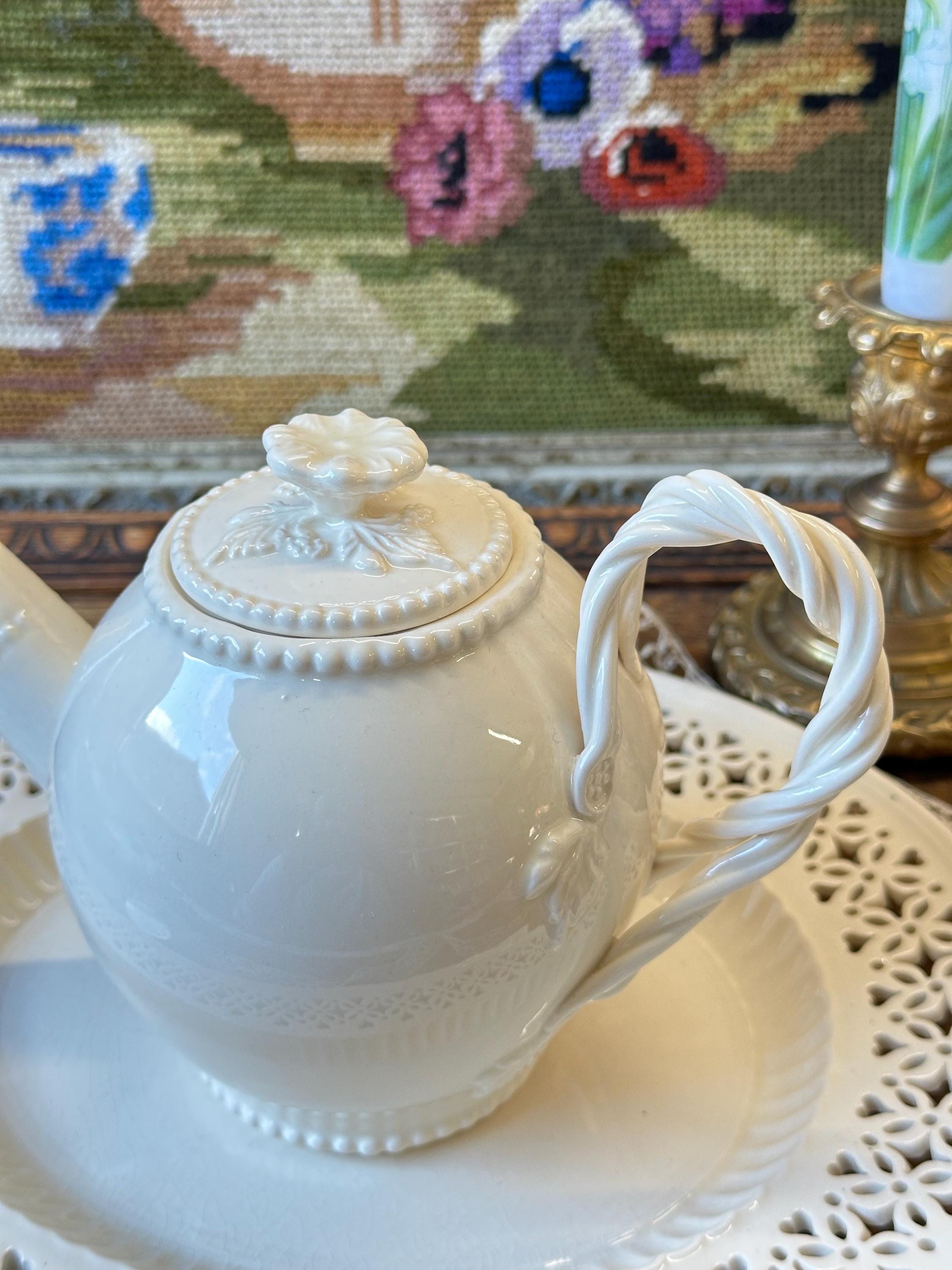 English Royal Creamware Clasical Small White Teapot With Twisted Handle ...