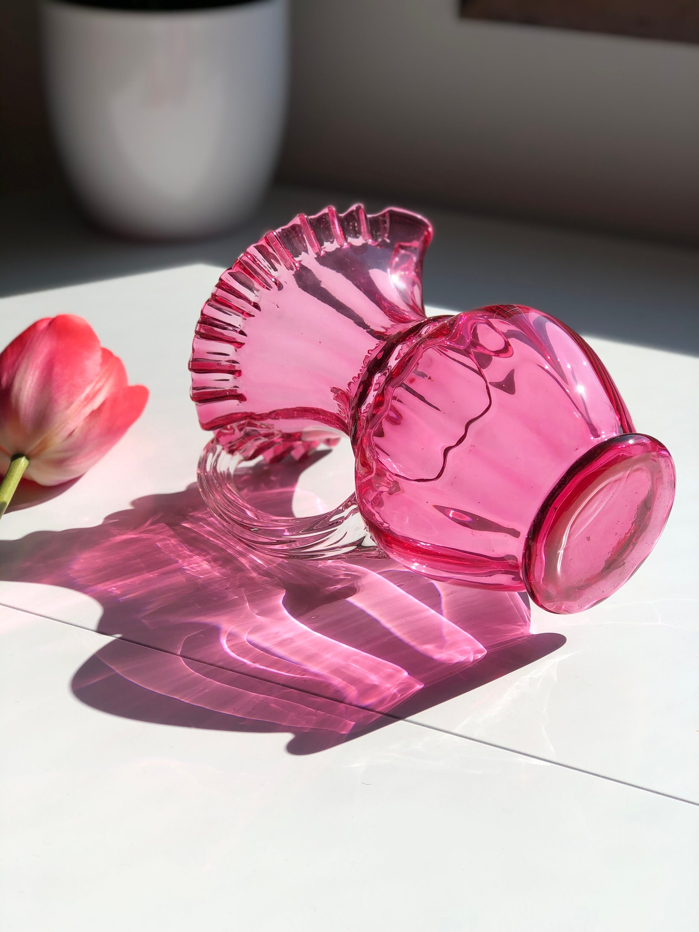 Antique Cranberry Glass Jug With Crimped Ruffle Top Rim, Vintage ...