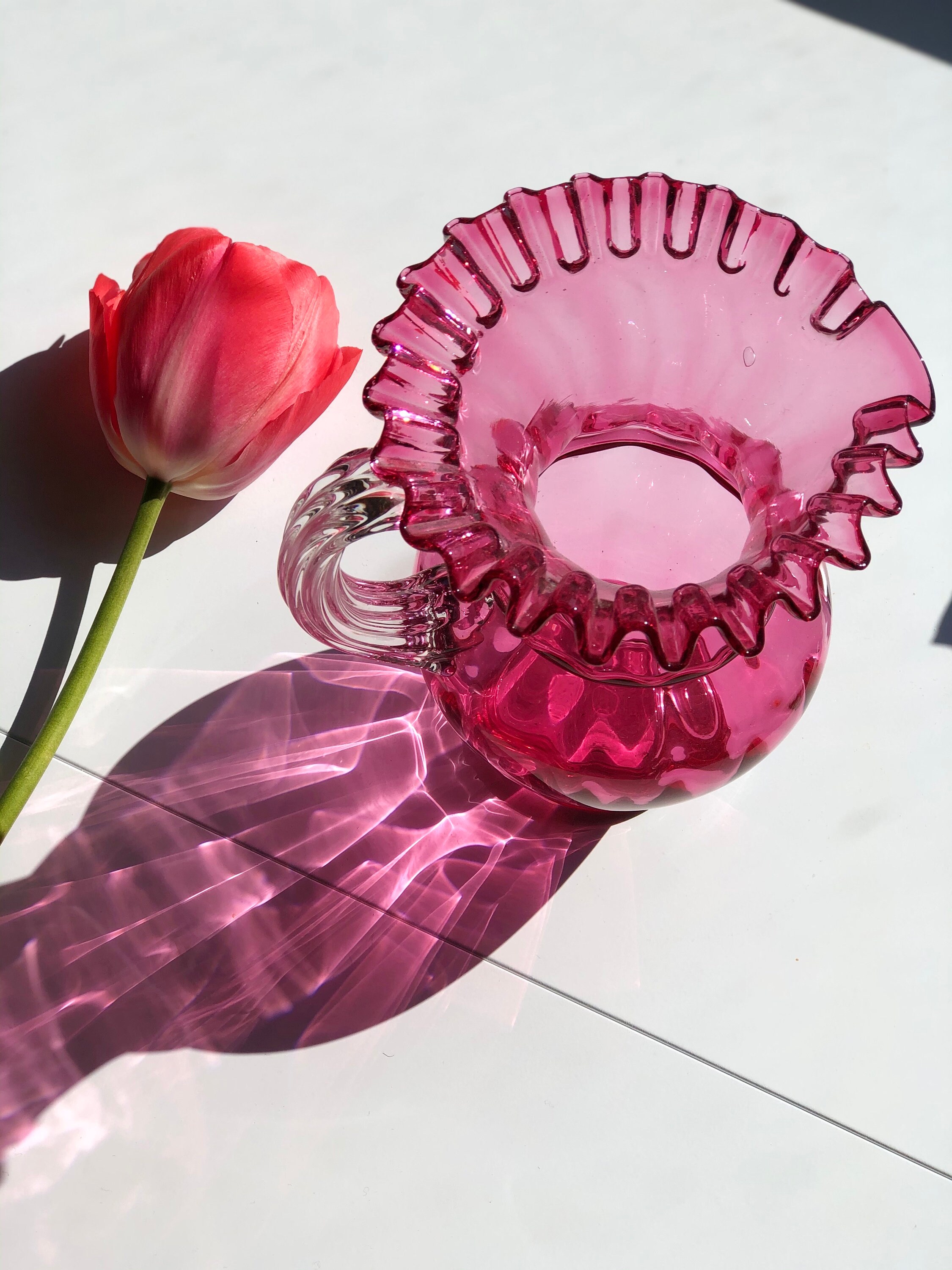 Antique Cranberry Glass Jug With Crimped Ruffle Top Rim, Vintage ...