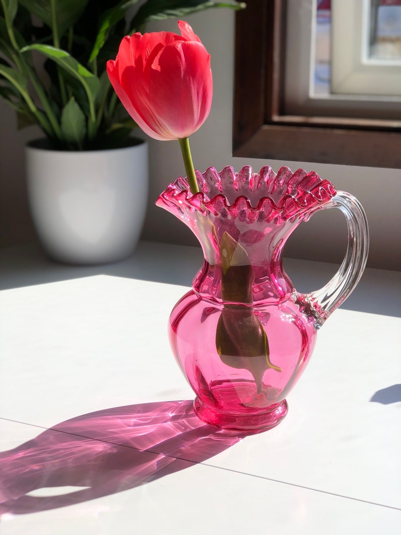 Antique Cranberry Glass Jug With Crimped Ruffle Top Rim, Vintage ...
