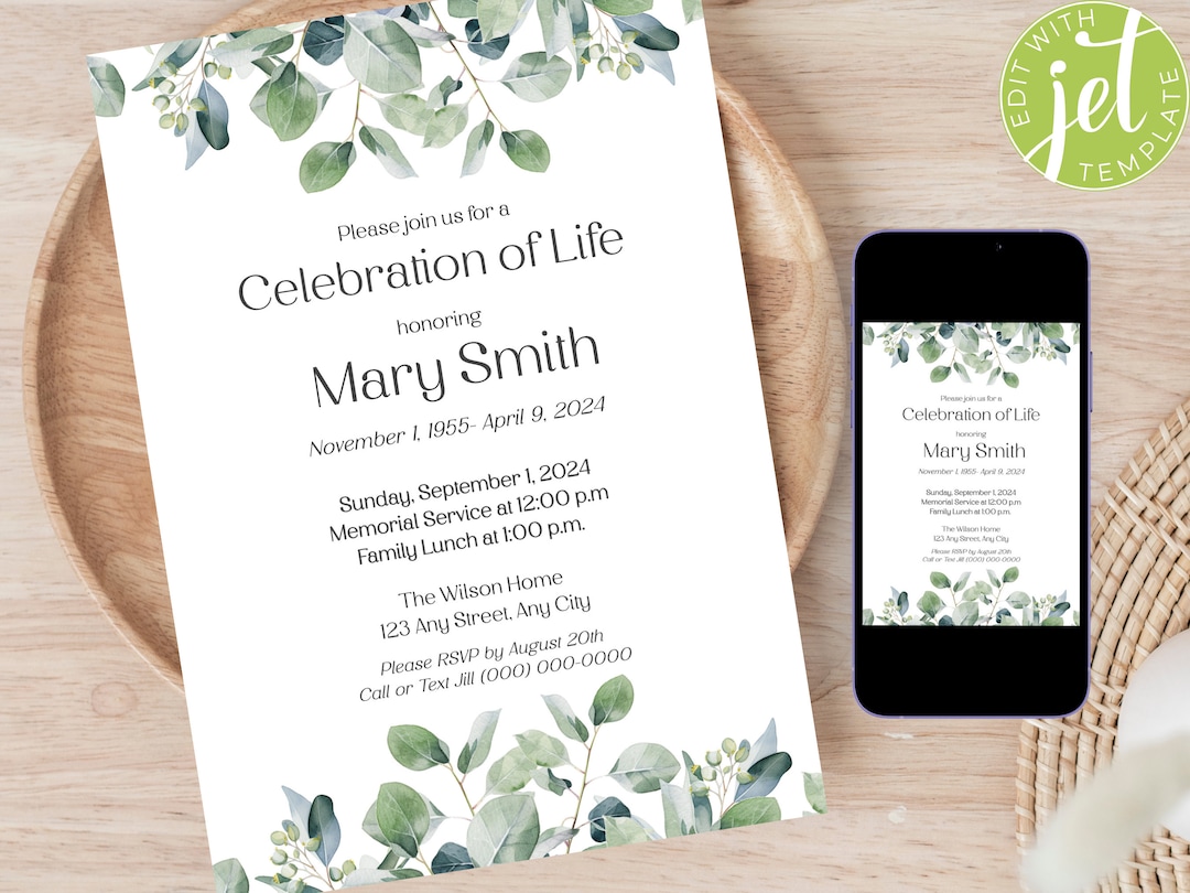 Celebration of Life Editable Invitation Template, Memorial, Instant ...