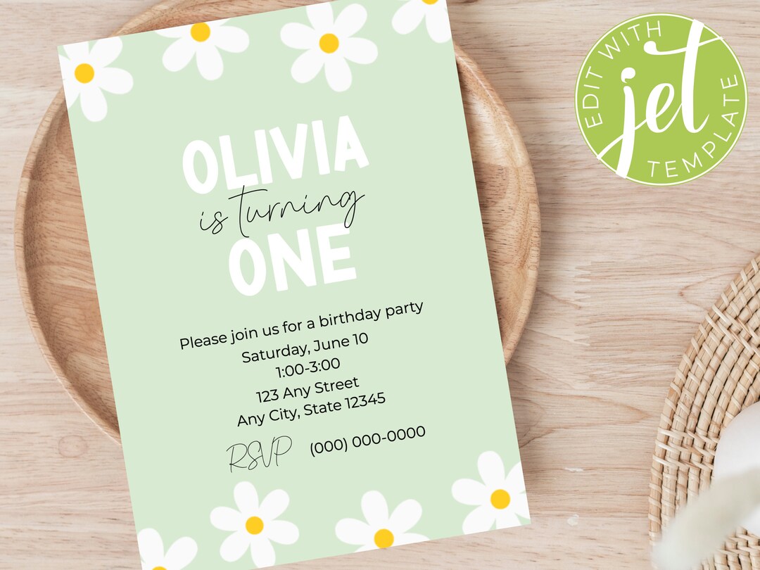 Editable Green Daisy Birthday Invitation Template, Digital Invitation ...
