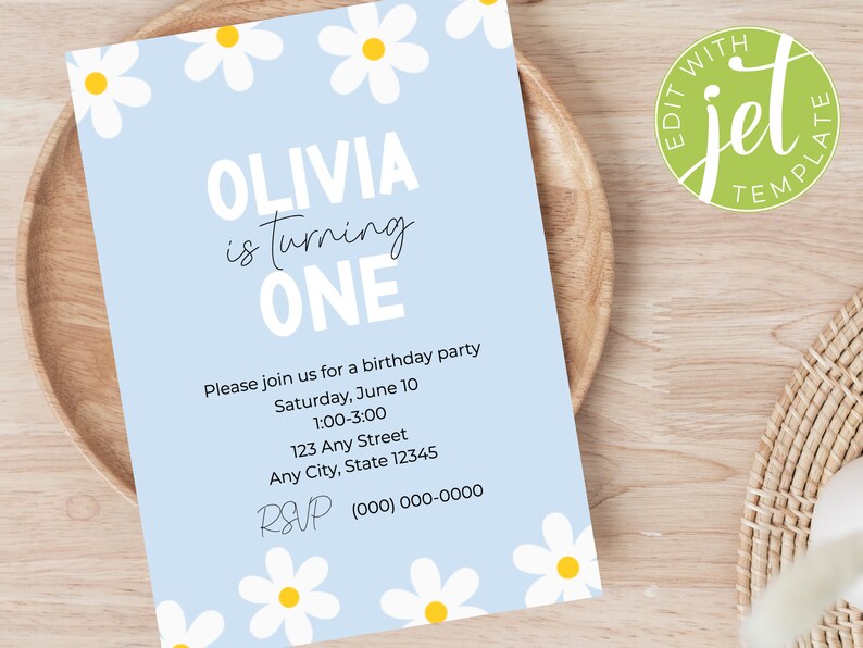 Editable Blue Daisy Birthday Invitation Template, Instant Download ...
