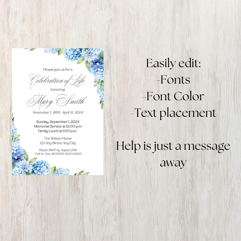Celebration of Life Editable Invitation Template, Blue Hydrangea ...