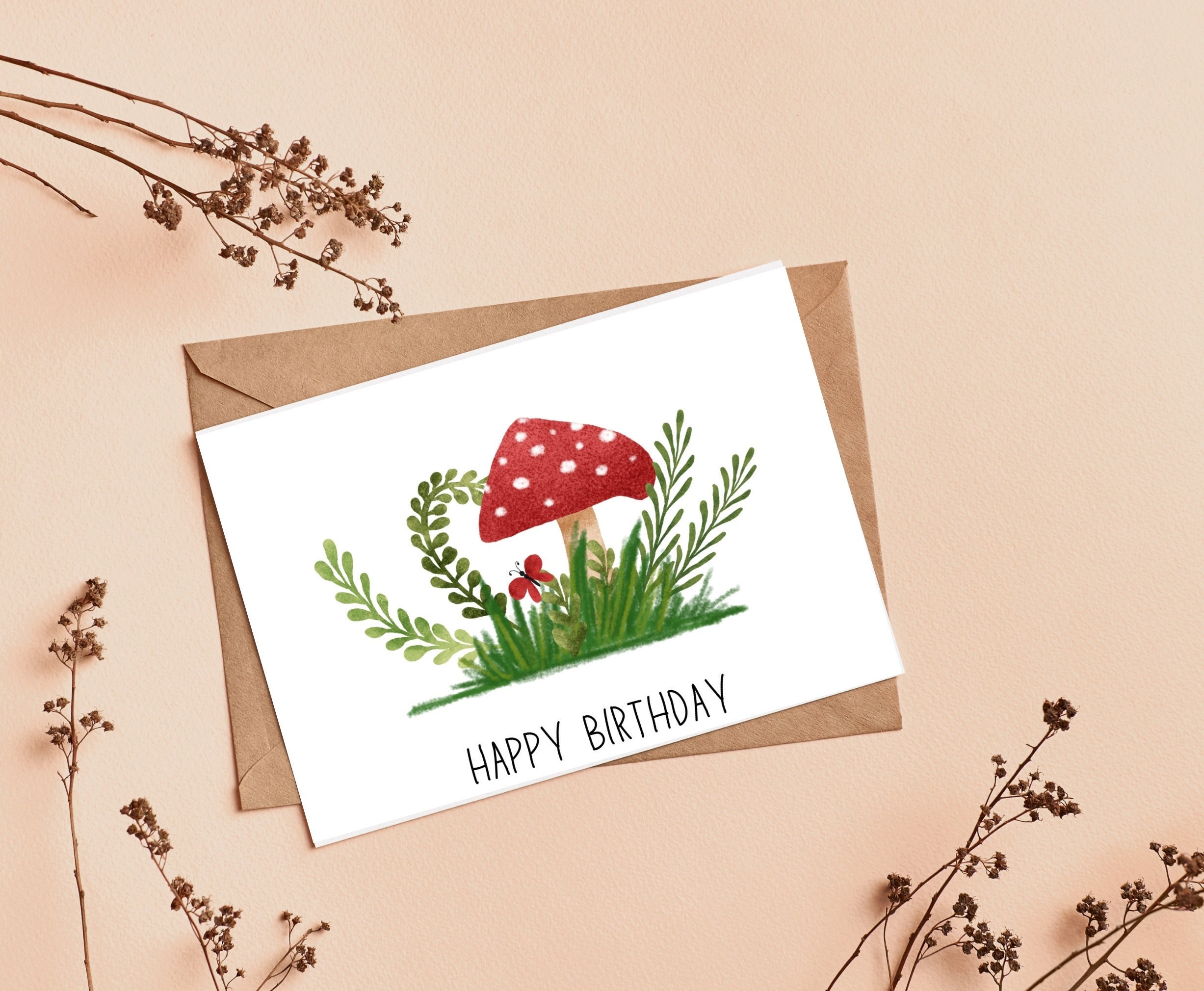 Printable Red Mushroom Birthday Card, Instant Download, Cottagecore ...