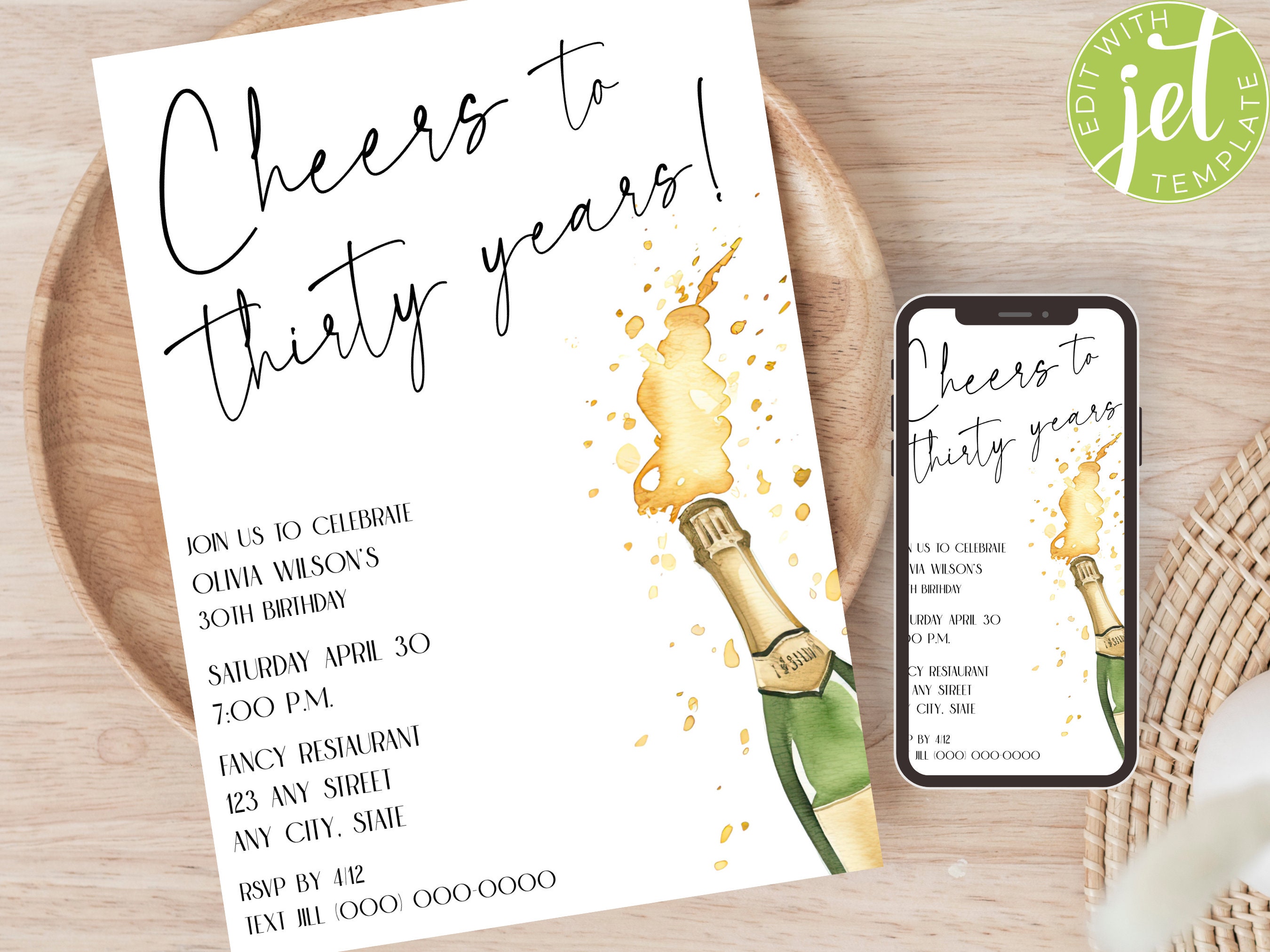 Editable Champagne Birthday Invitation Template, Printable Invitation ...
