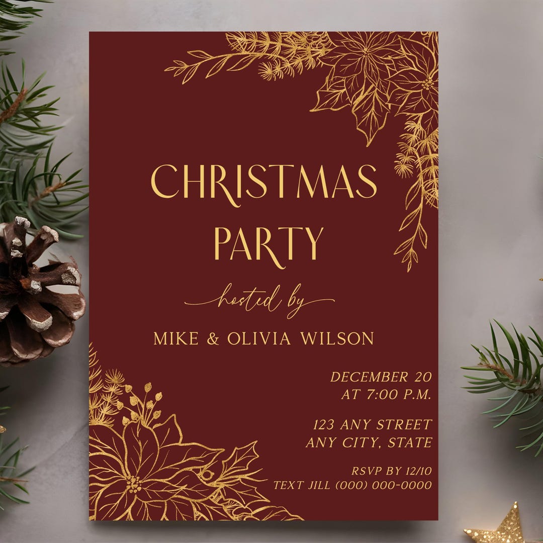 Elegant Red and Gold Christmas Party Invitation, Poinsettia Holiday ...