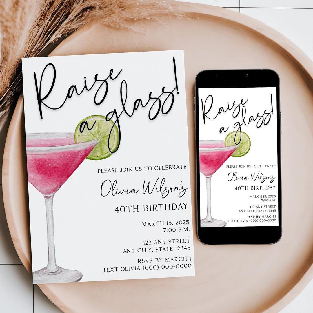 Raise a Glass Cosmopolitan Cocktail Invitation, Editable Template, Pink ...