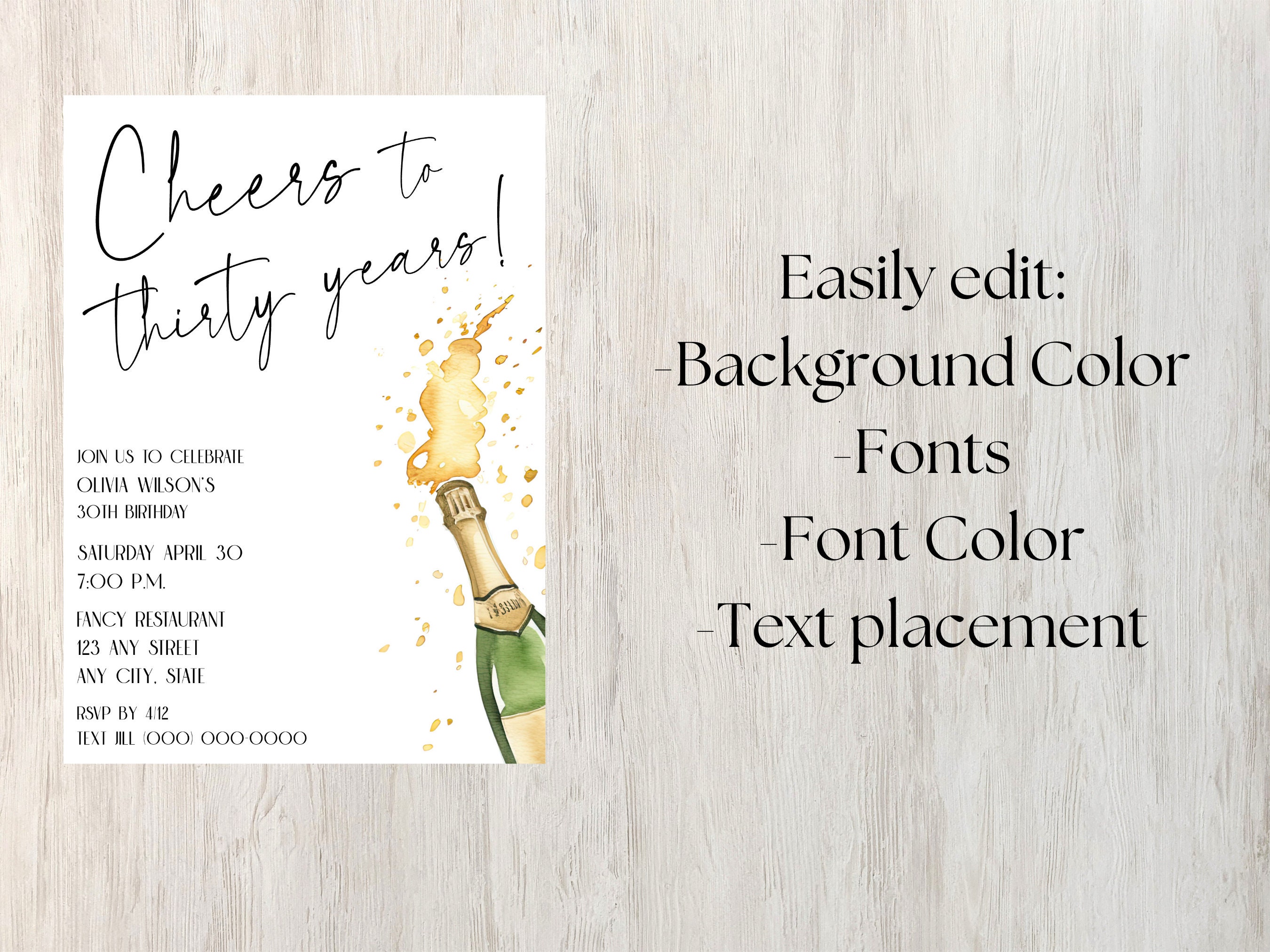 Editable Champagne Birthday Invitation Template, Printable Invitation ...