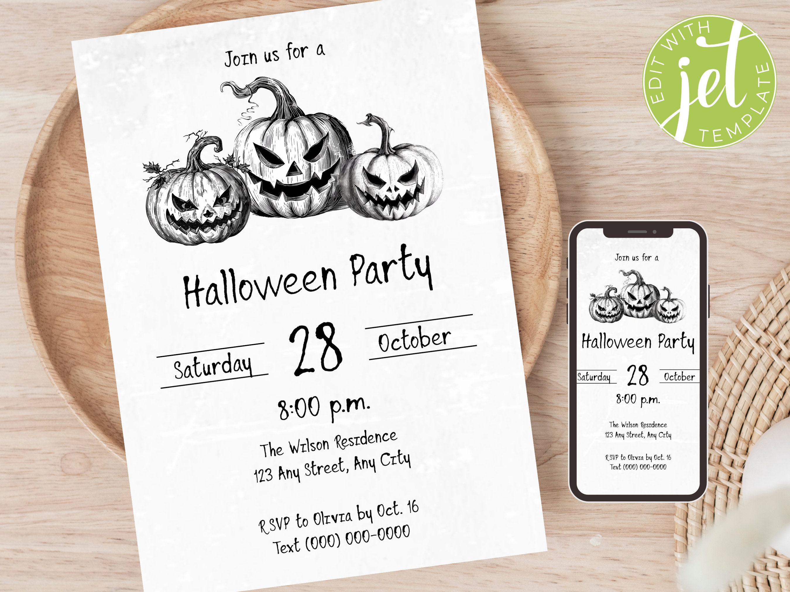 Editable Halloween Party Invitation Template Black and White - Etsy