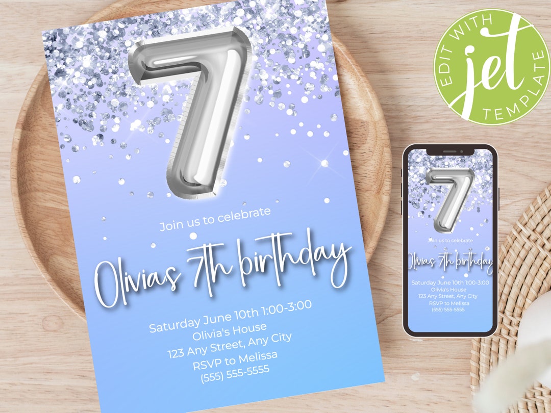 Silver Glitter Birthday Invitation: Light Blue, Any Age (instant ...