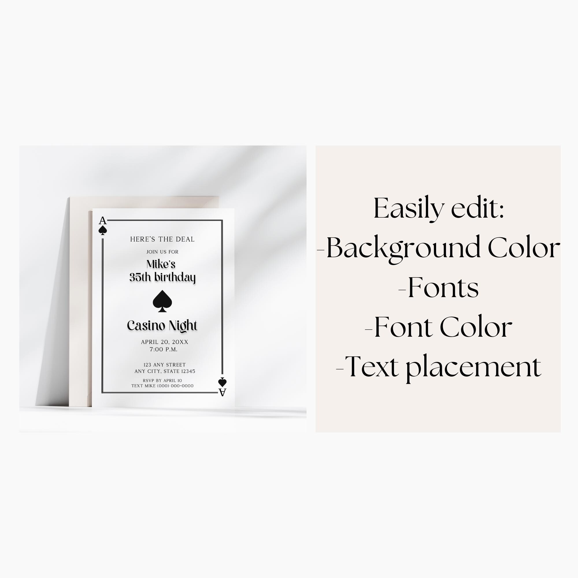 Editable Playing Card Invitation Template, Casino Poker Night, Birthday ...