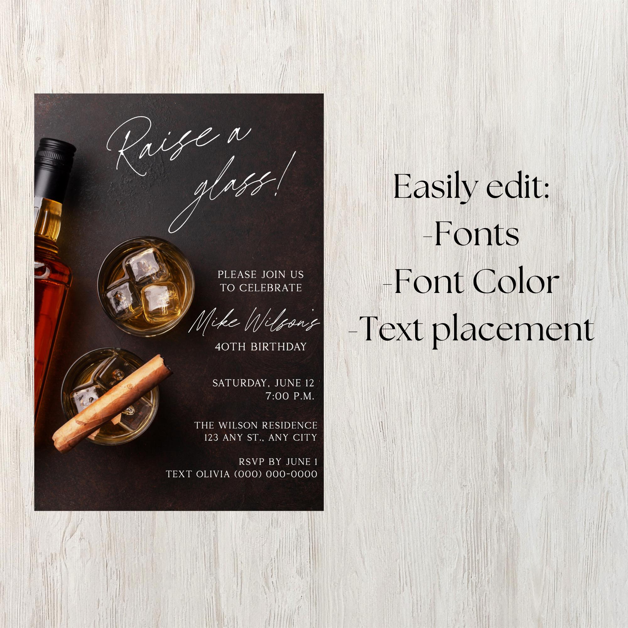 Editable Whiskey & Cigars Birthday Invitation Template; Printable ...