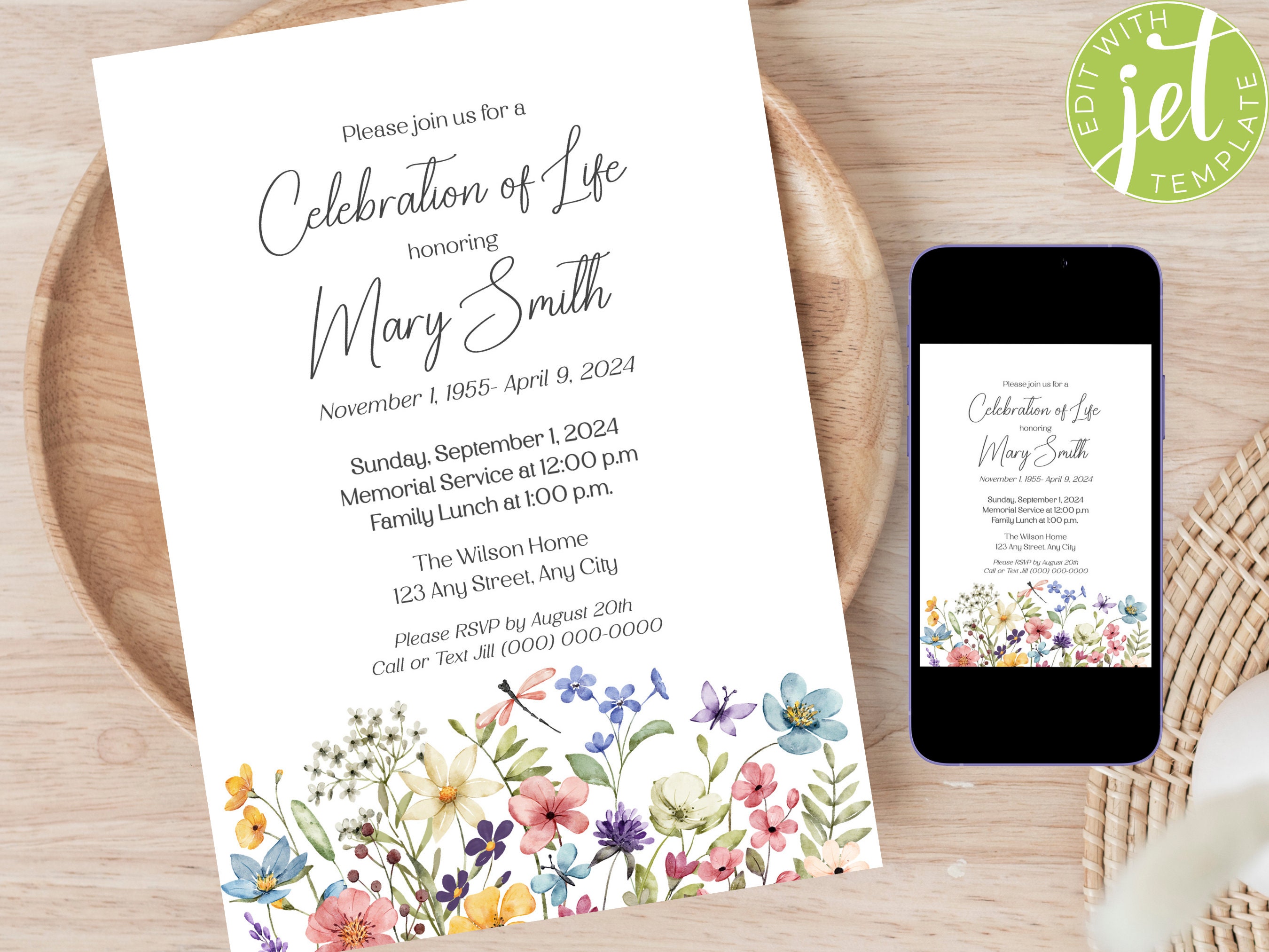 Celebration of Life Editable Invitation Template, Memorial, Instant ...