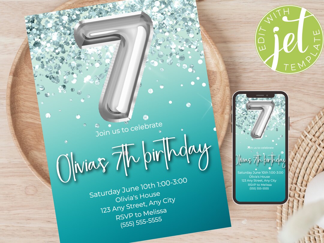 Teal Glitter Birthday Invitation: Any Age, Editable Template (instant ...