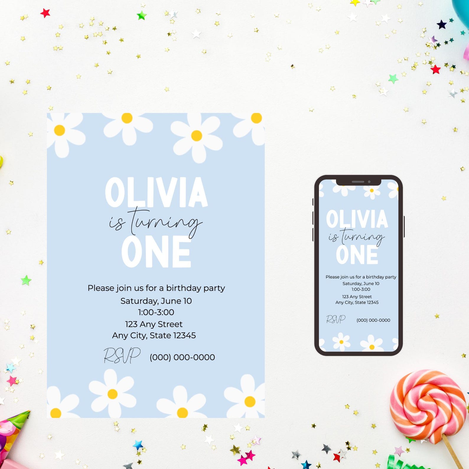 Editable Blue Daisy Birthday Invitation Template, Instant Download ...