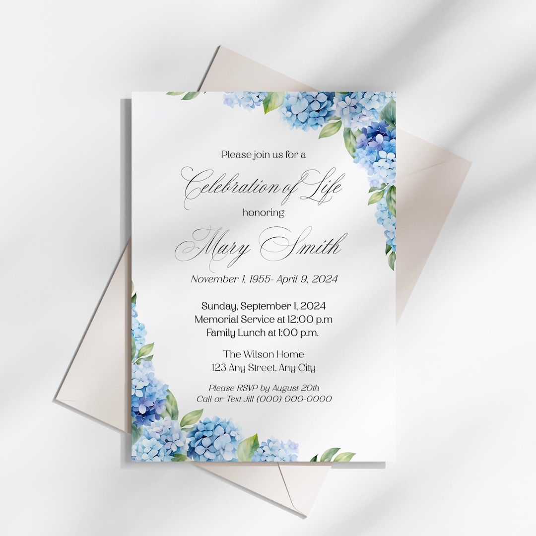 Celebration of Life Editable Invitation Template, Blue Hydrangea ...