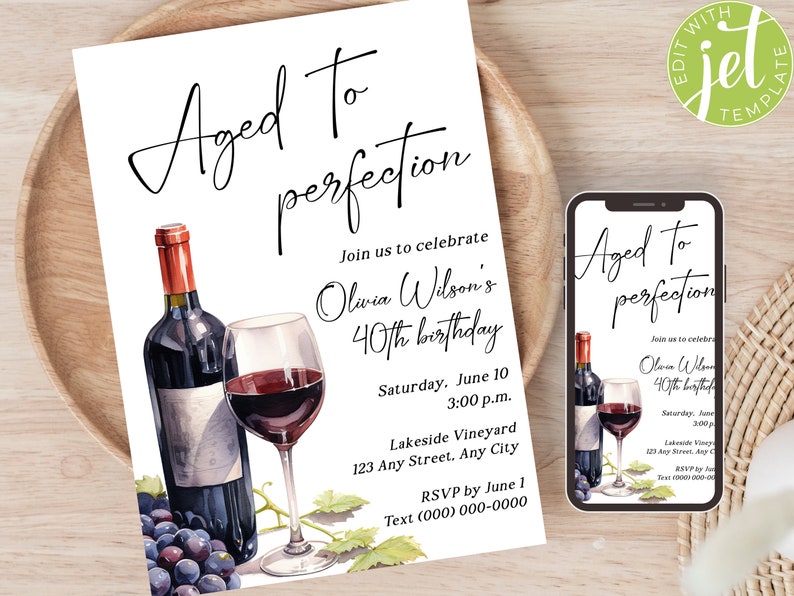 Editable Wine Birthday Invitation Template Printable Invitation Aged