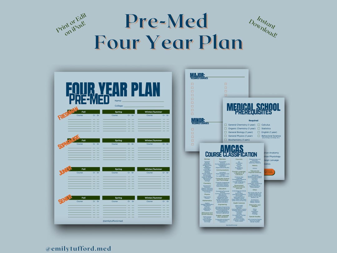 Pre-med Four Year Plan, Printable College Course Planner for Pre ...