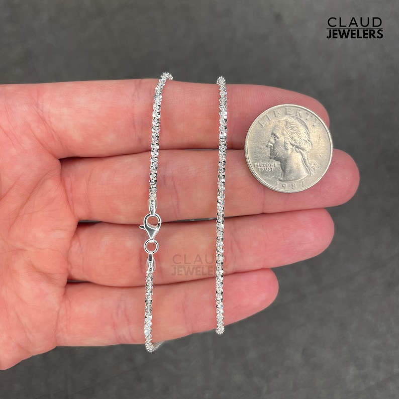 Solid 925 Sterling Silver 2MM Sparkly Link Chain Pendant Necklace Adult ...