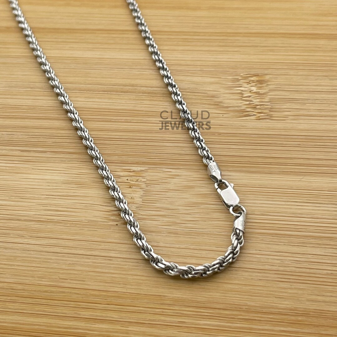 925 Solid Sterling Silver Rhodium 3MM Rope Chain Necklace, Lobster ...