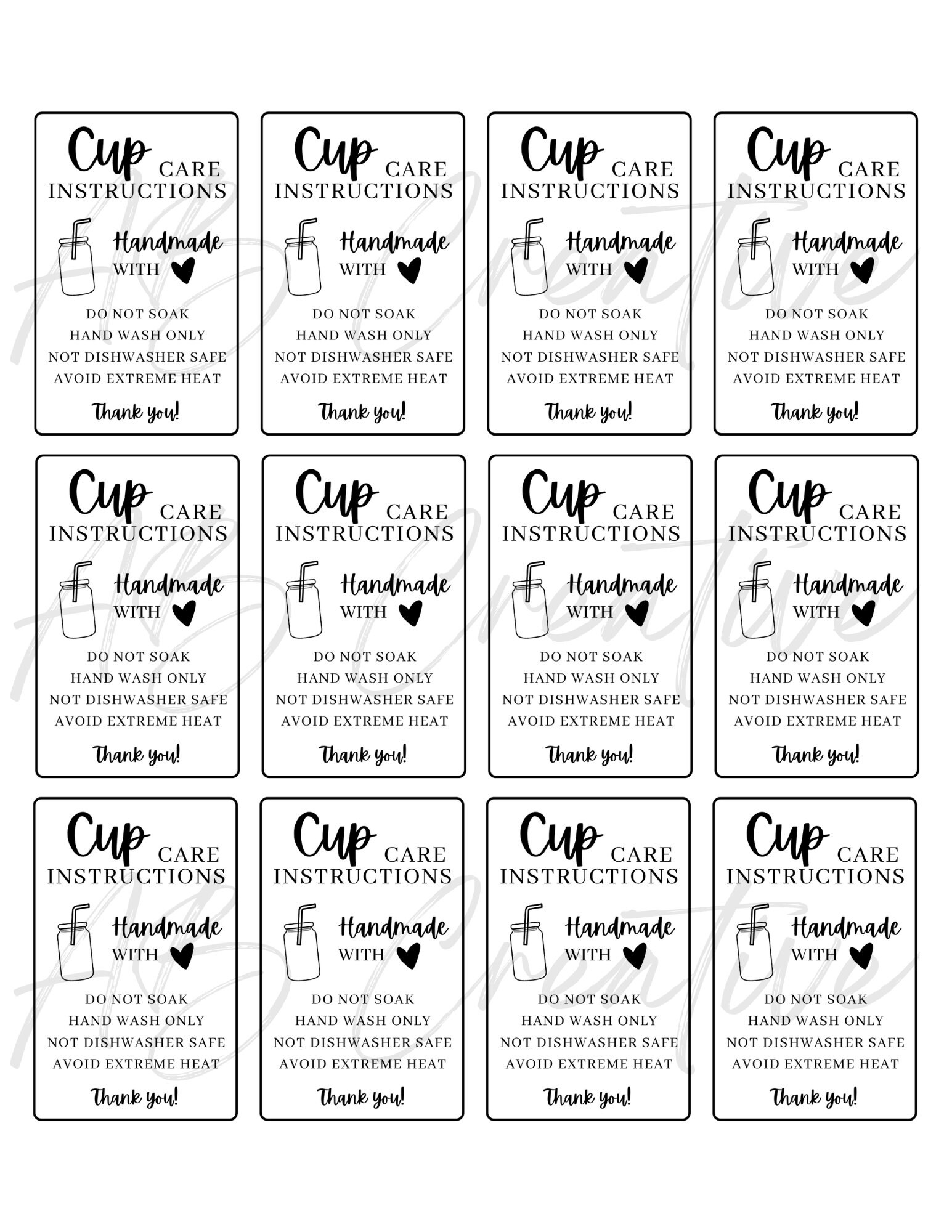 Print Ready Rounded Corner Cup Care Instructions for Glass Cups Digital ...