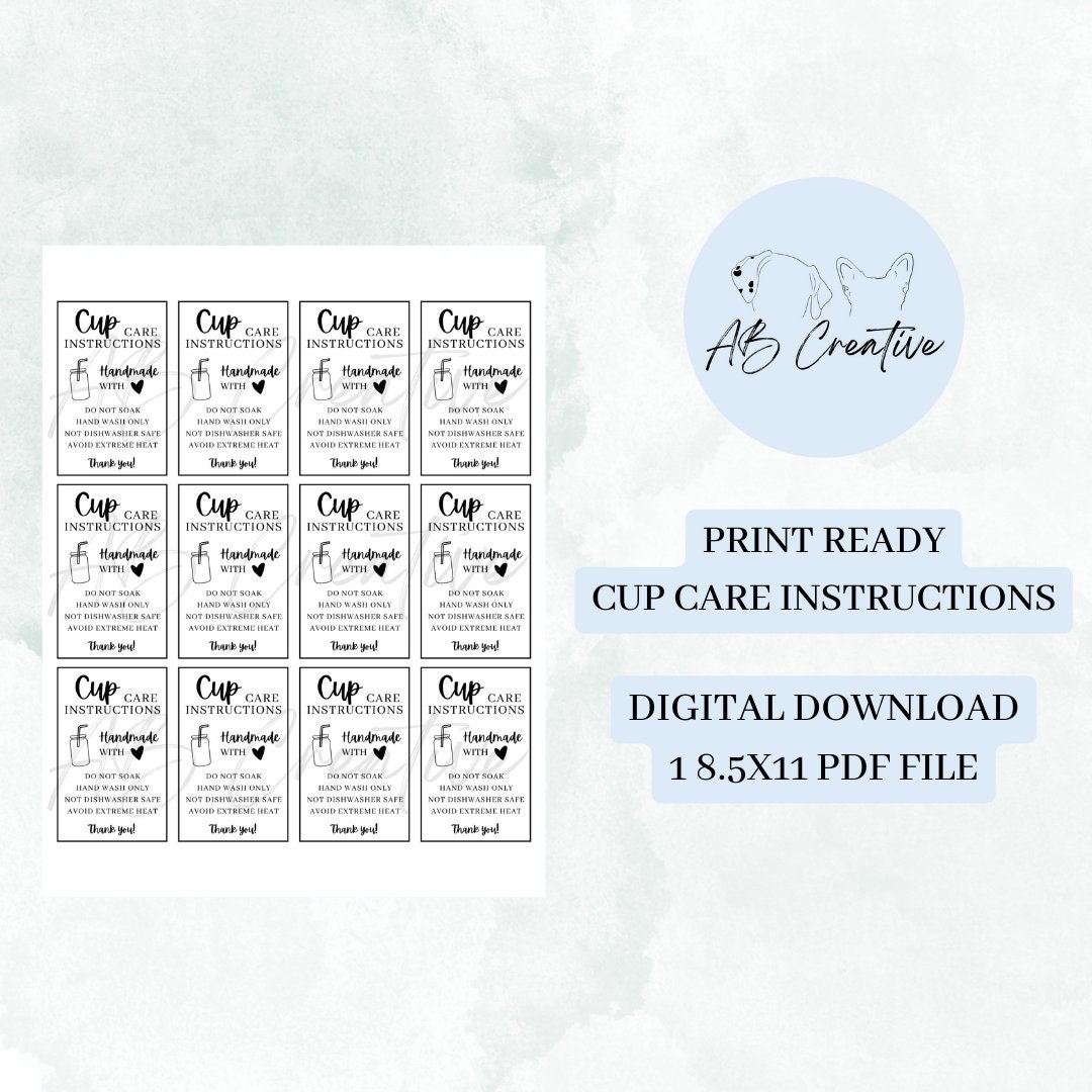 Print Ready Cup Care Instructions for Glass Cups Digital Download 8 ...