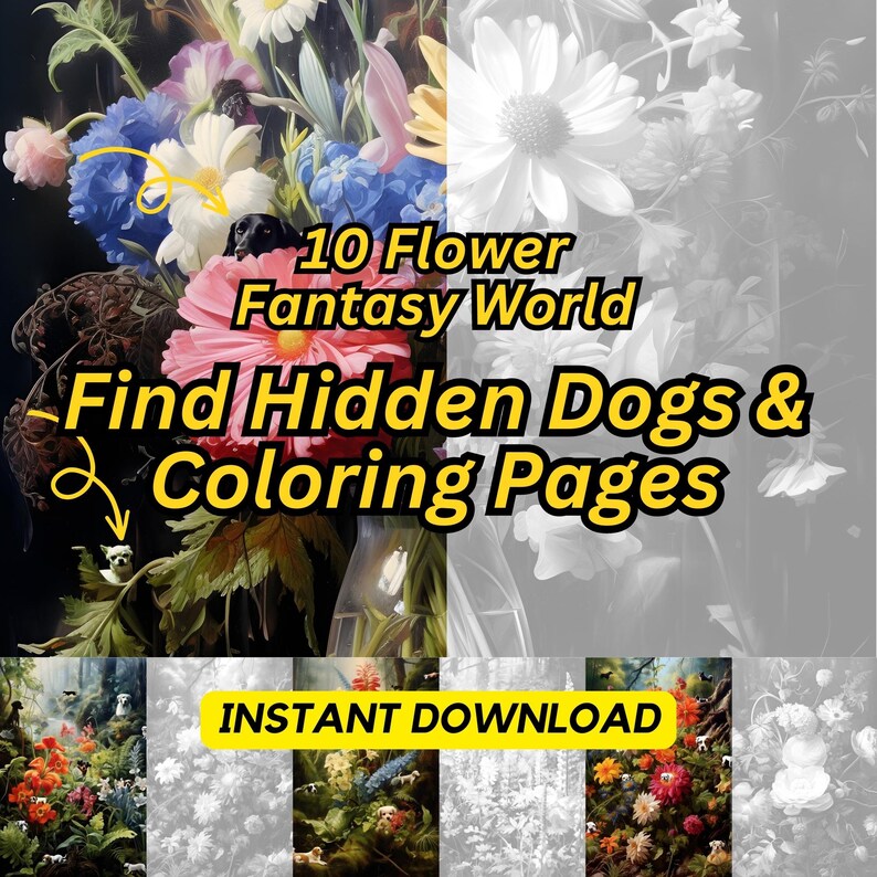 10 Flower Forest Scenes 10 Dog Hidden Pictures Book Printable Adult ...
