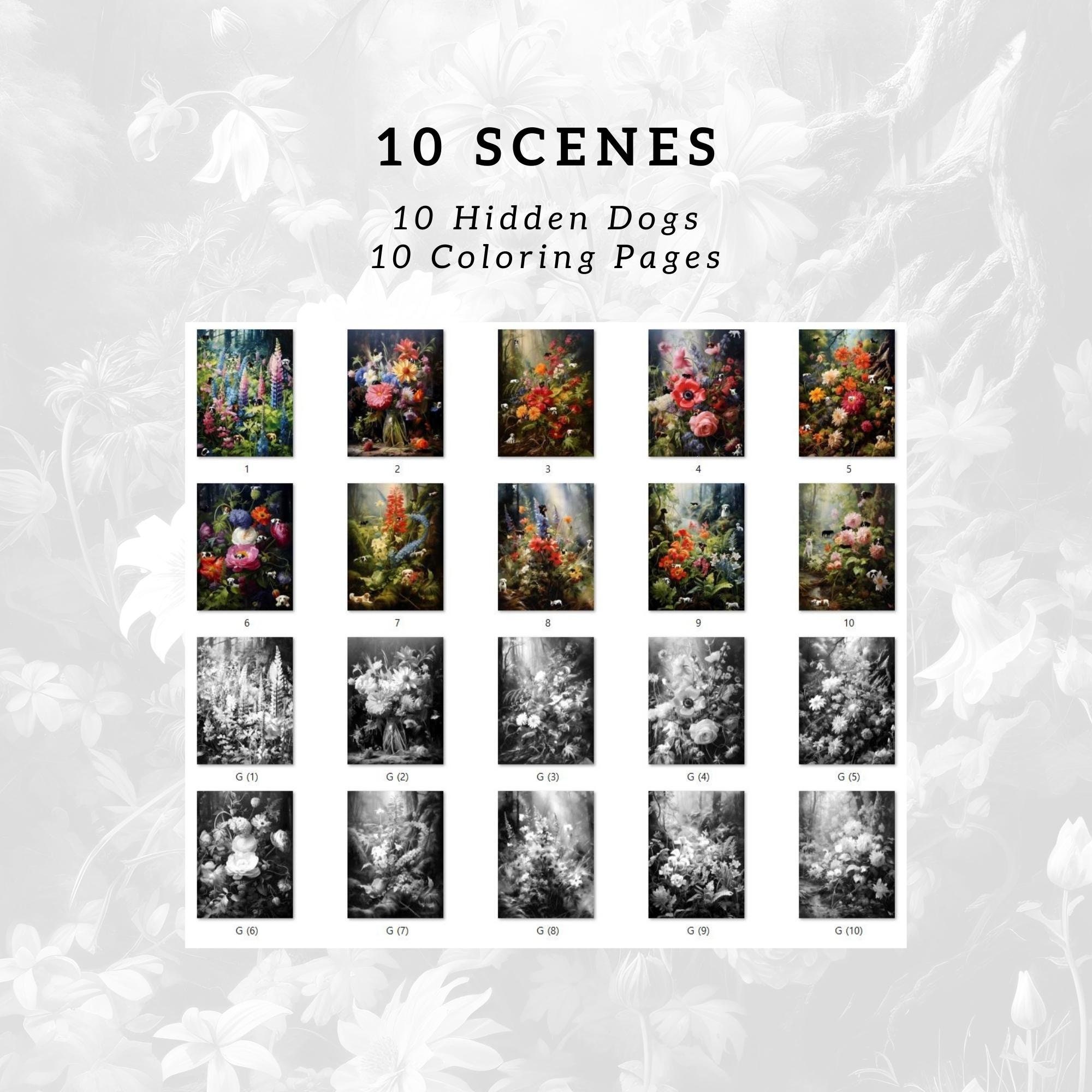 10 Flower Forest Scenes 10 Dog Hidden Pictures Book Printable Adult ...