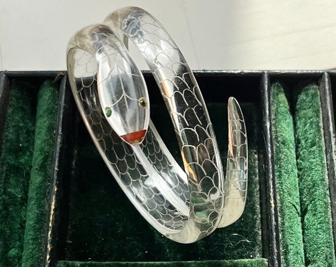 Antique Deco SNAKE BANGLE Early Plastic Clear Lucite Coiled Serpent ...