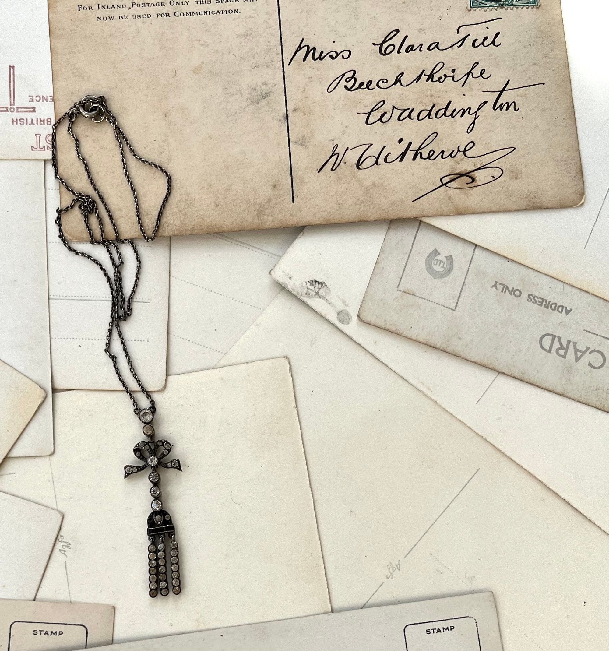Antique .935 Silver LAVALIERE NECKLACE Bow Paste Tassel Drop Pendant ...