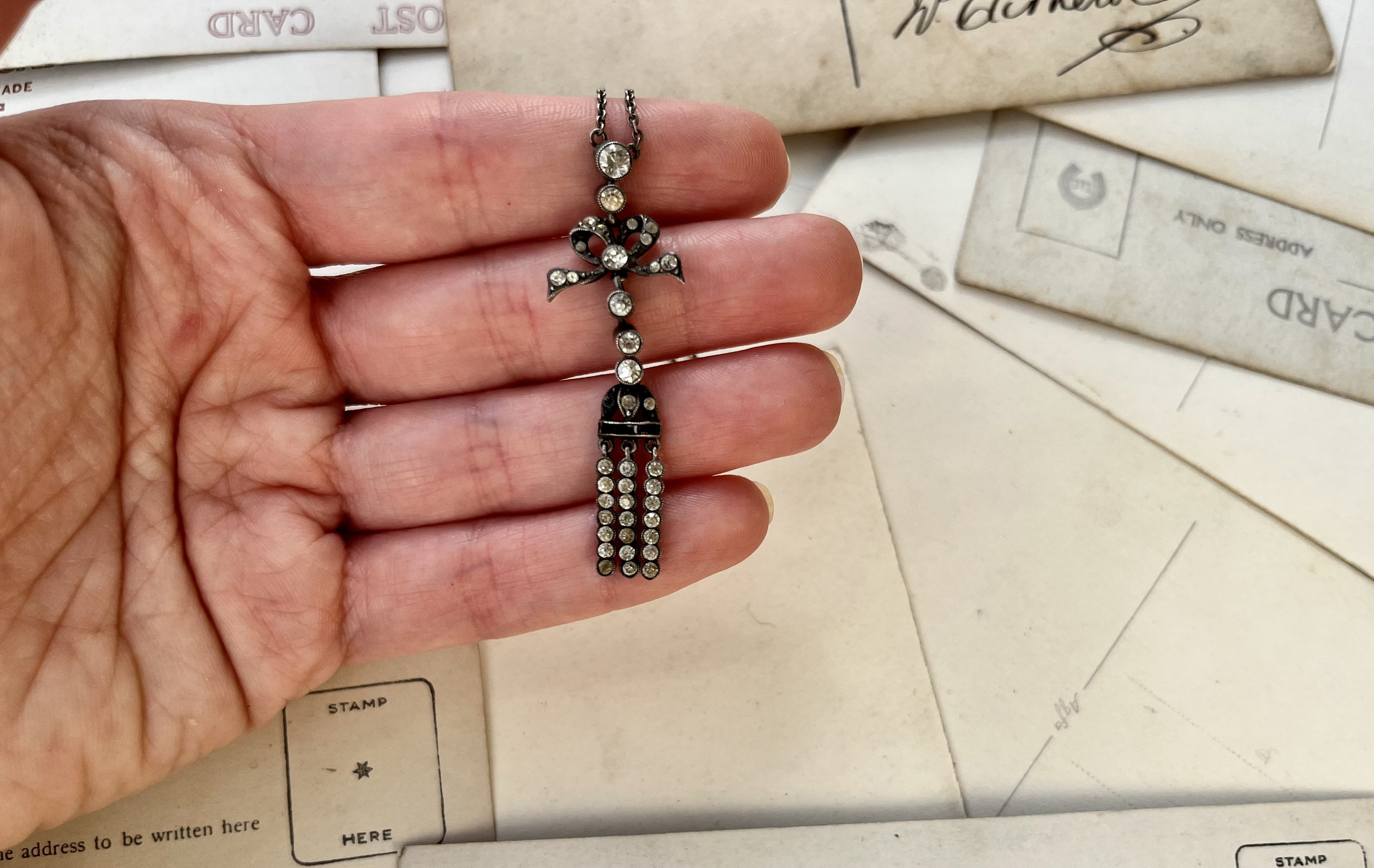 Antique .935 Silver LAVALIERE NECKLACE Bow Paste Tassel Drop Pendant ...