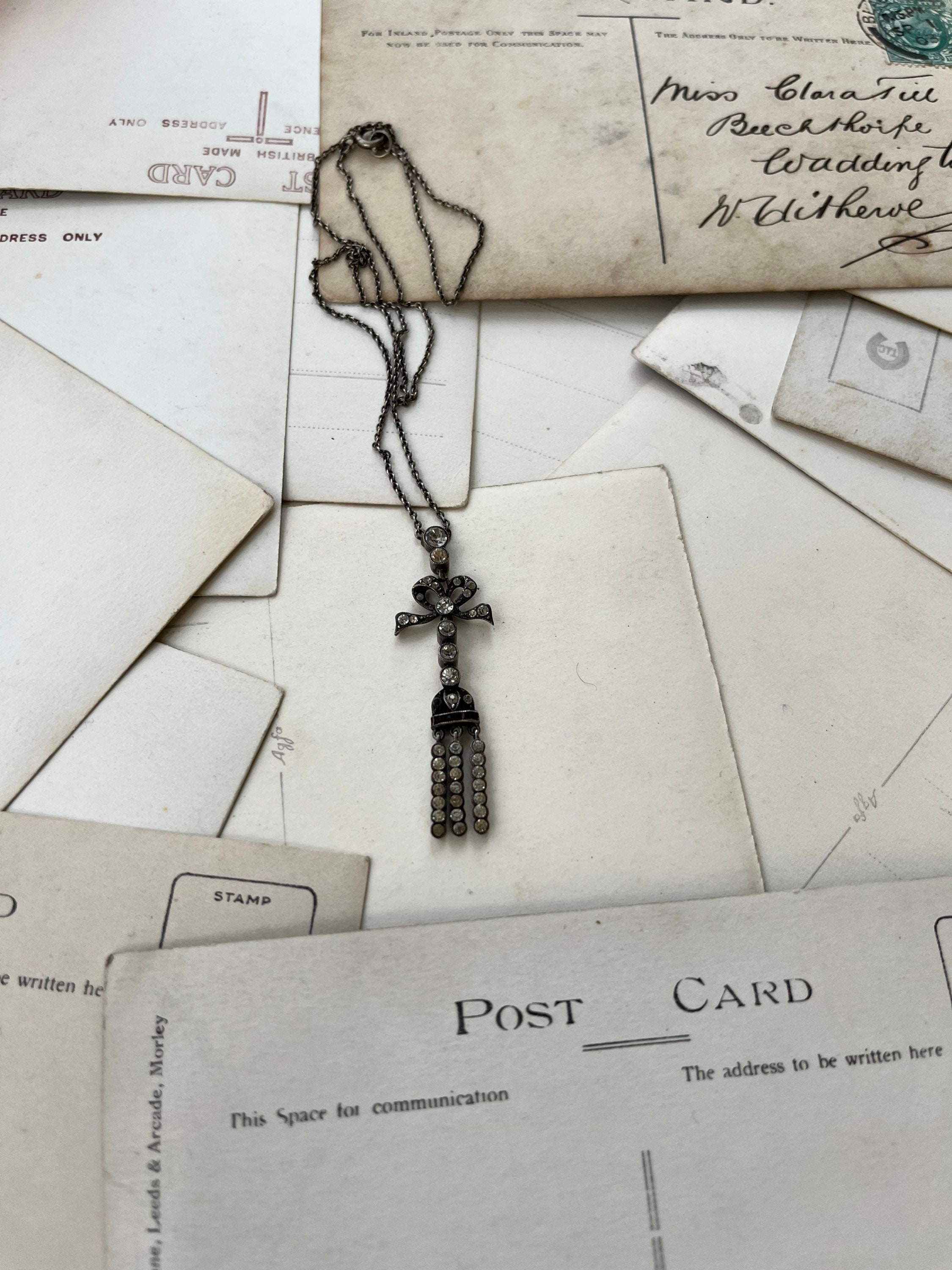 Antique .935 Silver LAVALIERE NECKLACE Bow Paste Tassel Drop Pendant ...