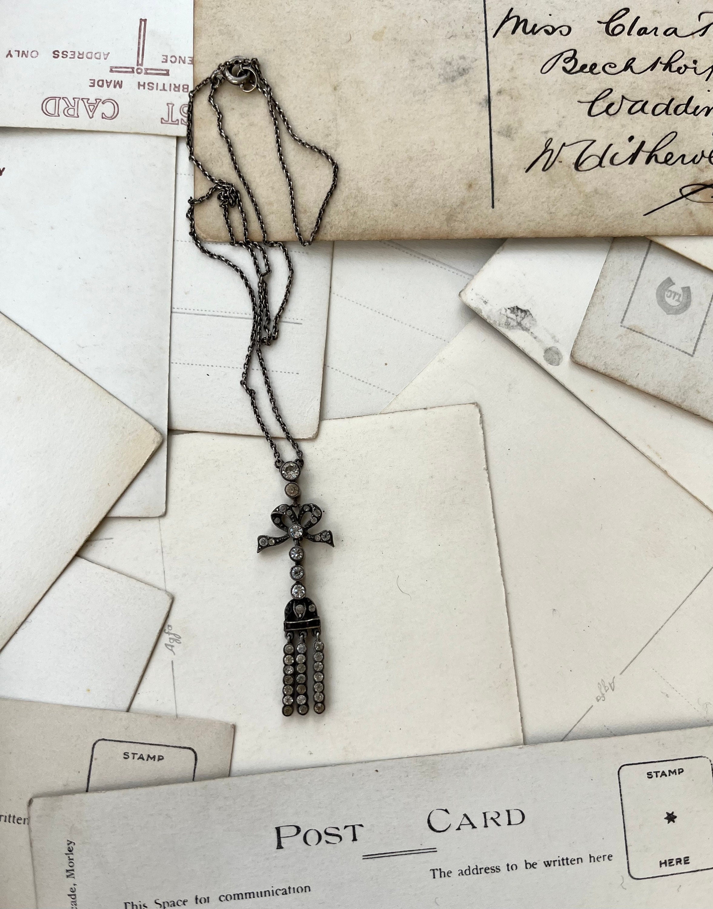 Antique .935 Silver LAVALIERE NECKLACE Bow Paste Tassel Drop Pendant ...