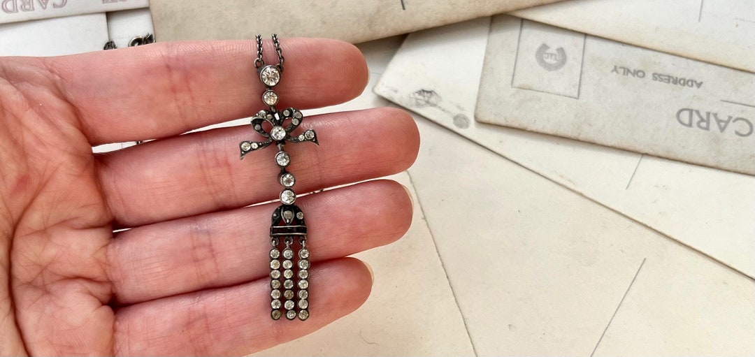 Antique .935 Silver LAVALIERE NECKLACE Bow Paste Tassel Drop Pendant ...