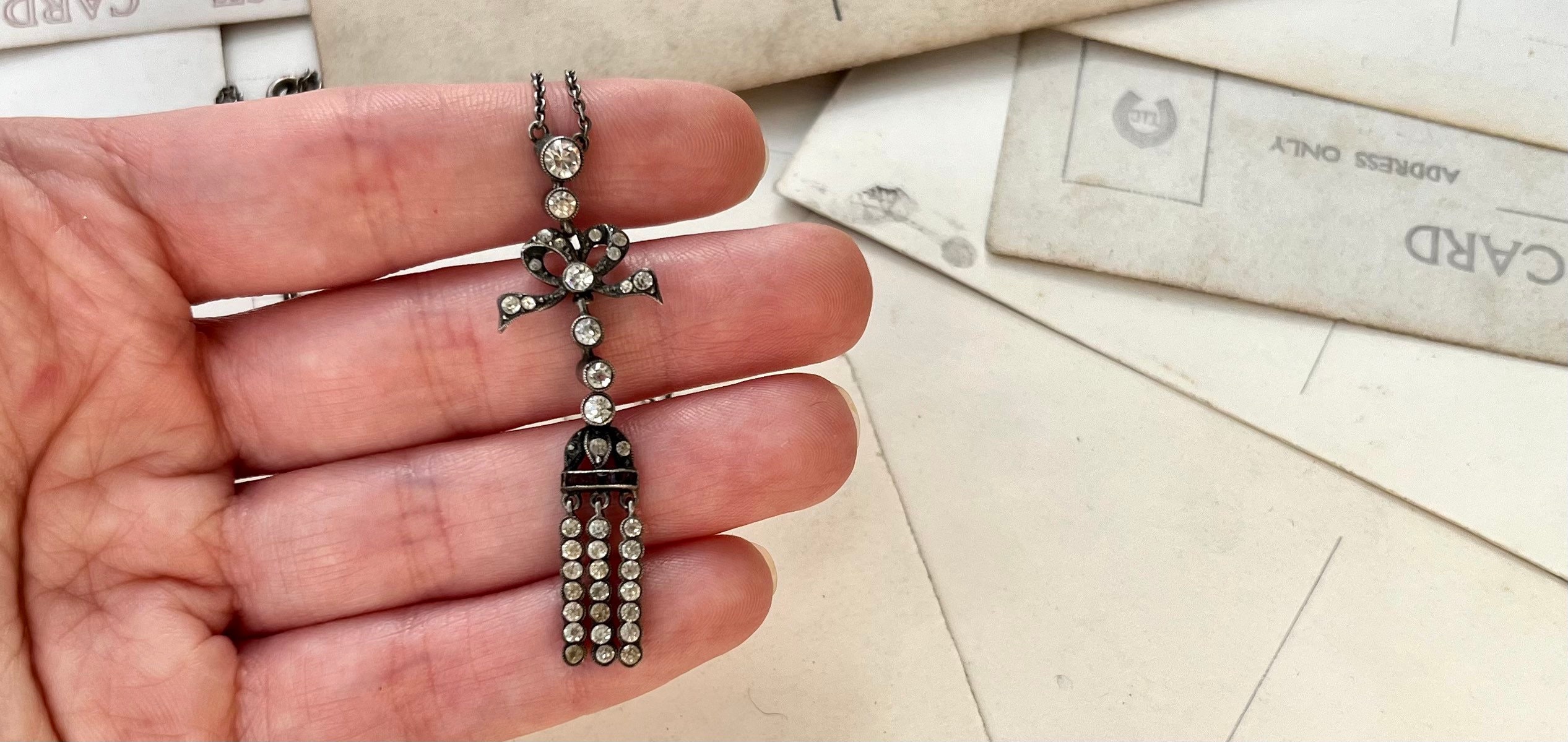 Antique .935 Silver LAVALIERE NECKLACE Bow Paste Tassel Drop Pendant ...