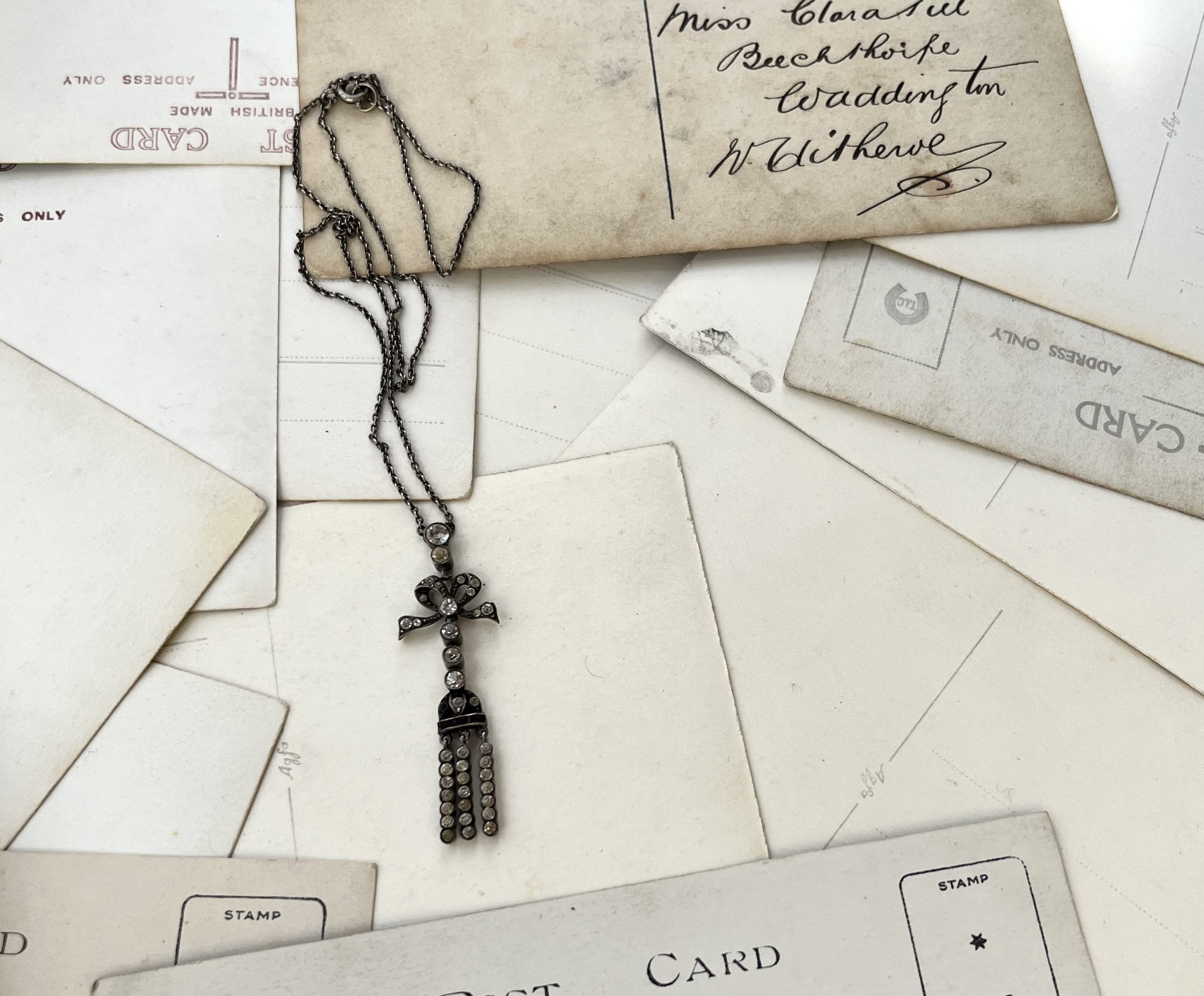 Antique .935 Silver LAVALIERE NECKLACE Bow Paste Tassel Drop Pendant ...