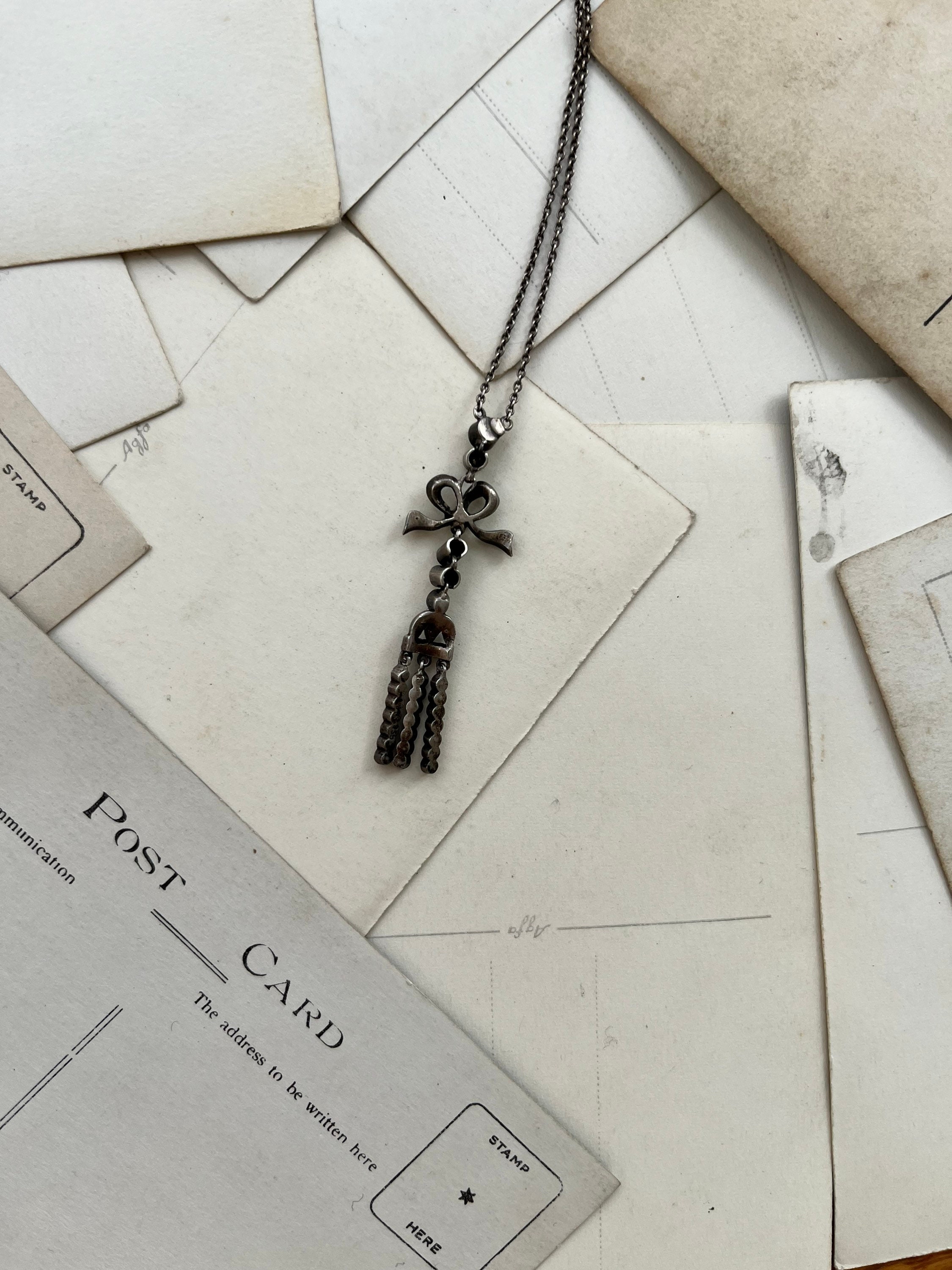 Antique .935 Silver LAVALIERE NECKLACE Bow Paste Tassel Drop Pendant ...