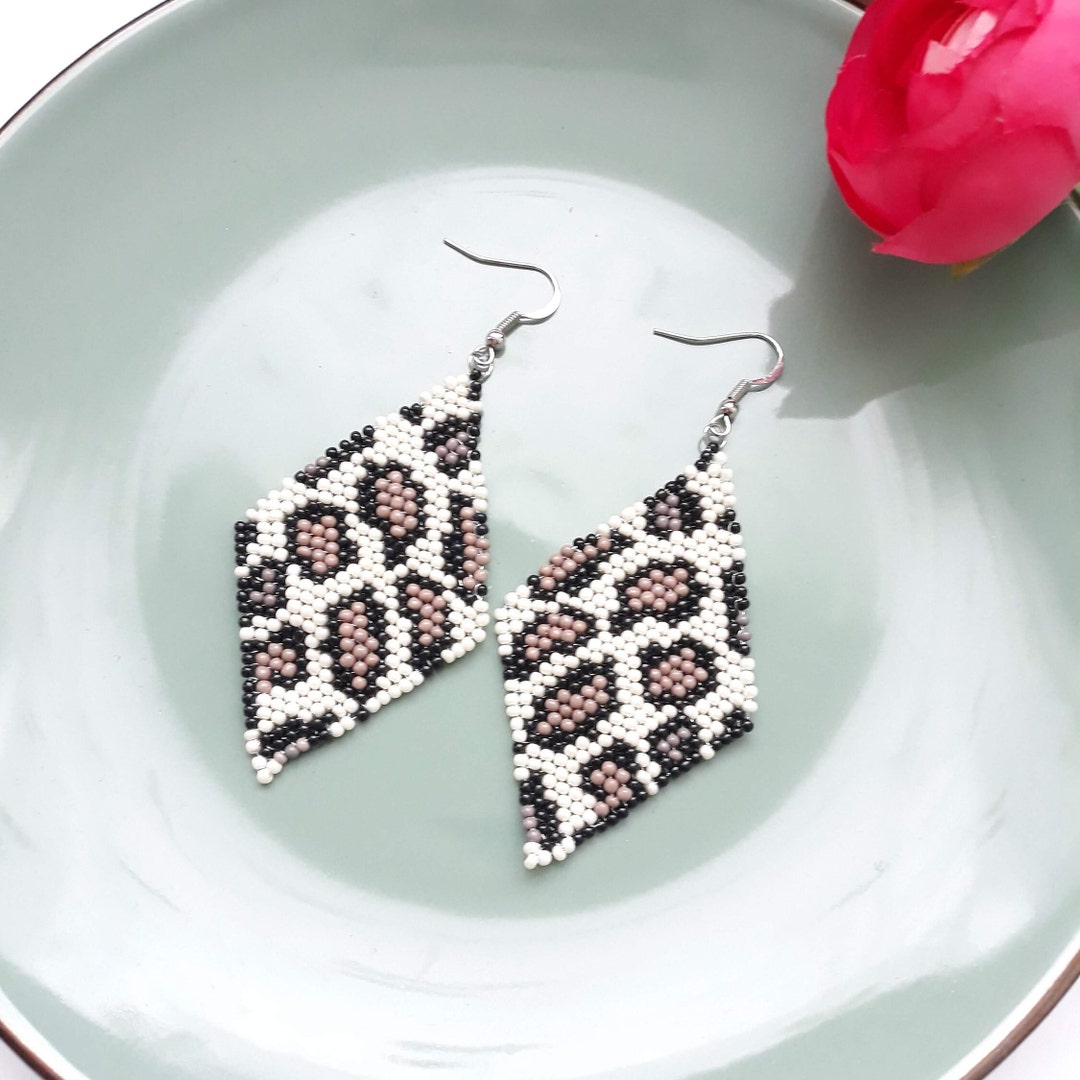 Handmade Leopard Print Bead Earrings: Ash Gray Black Animal Motif - Etsy