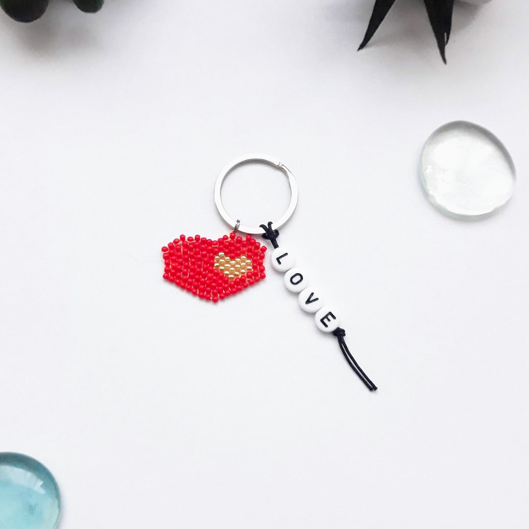 Mini Heart Keychain, Heart Charm and LOVE Message, Red Beaded Heart - Etsy