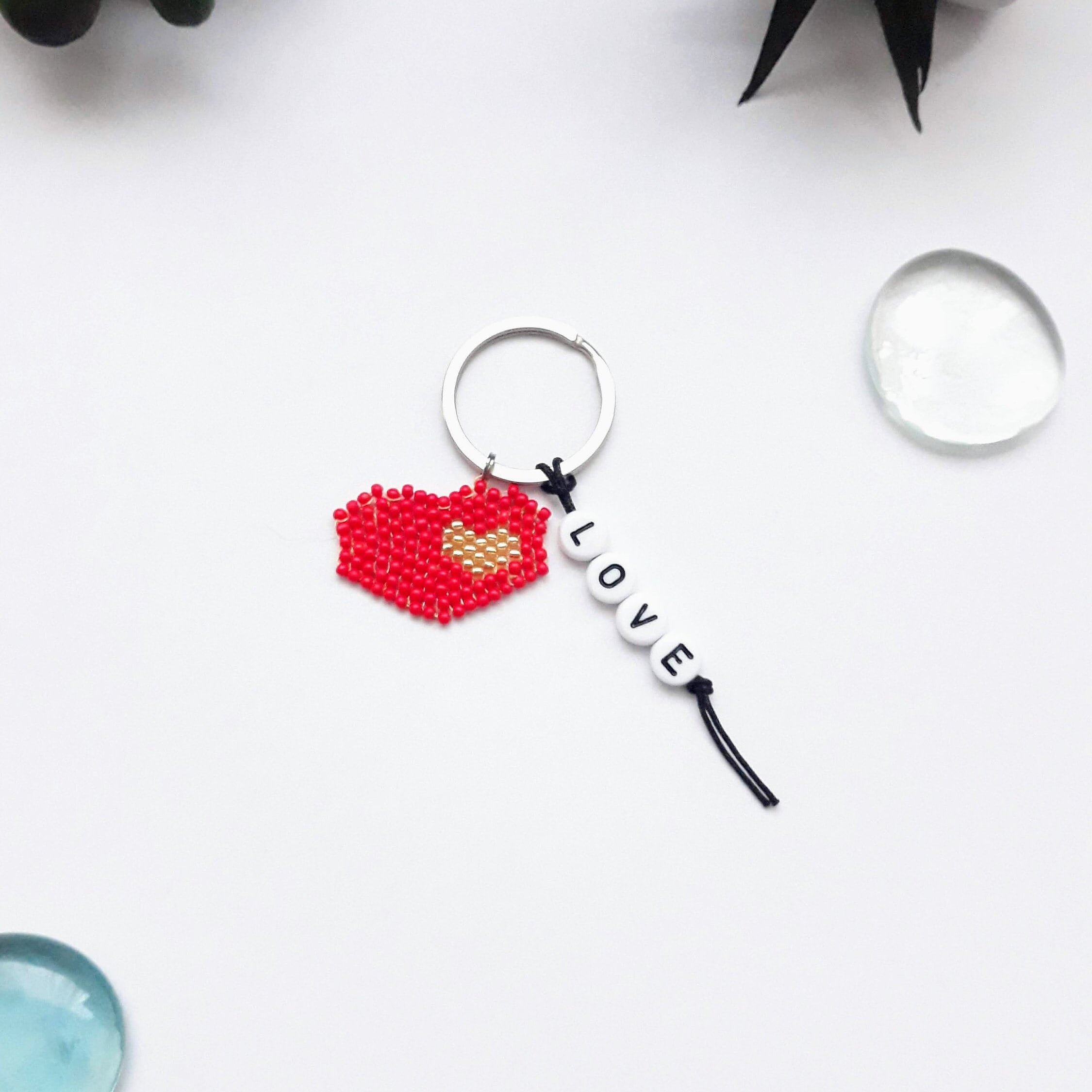 Mini Heart Keychain, Heart Charm and LOVE Message, Red Beaded Heart - Etsy