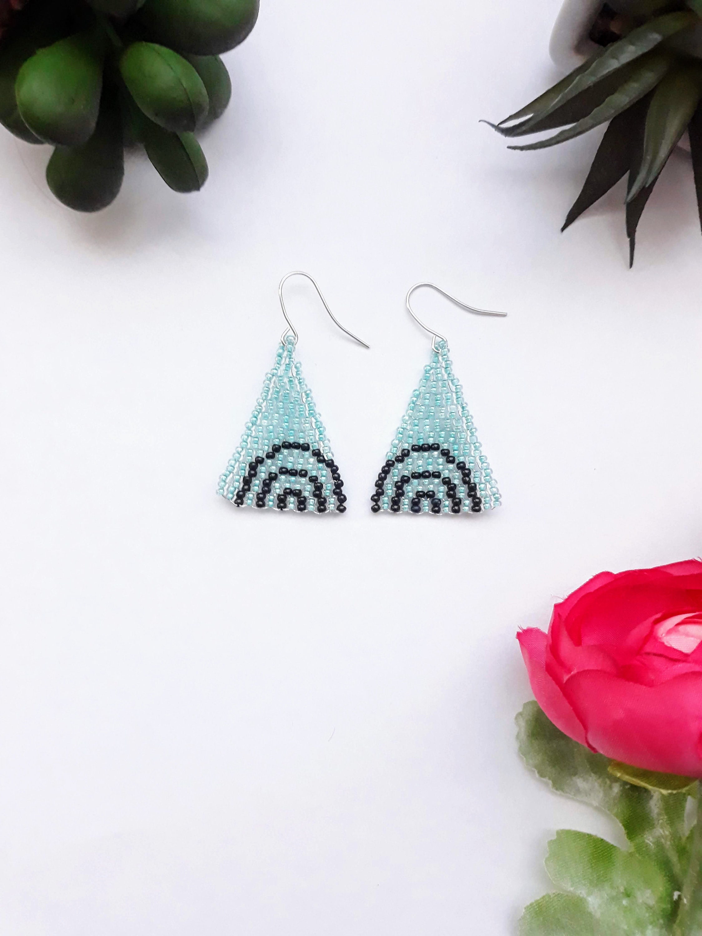 Abstract Triangle Earrings,dangle Earrings in Blue,handmade Beaded ...