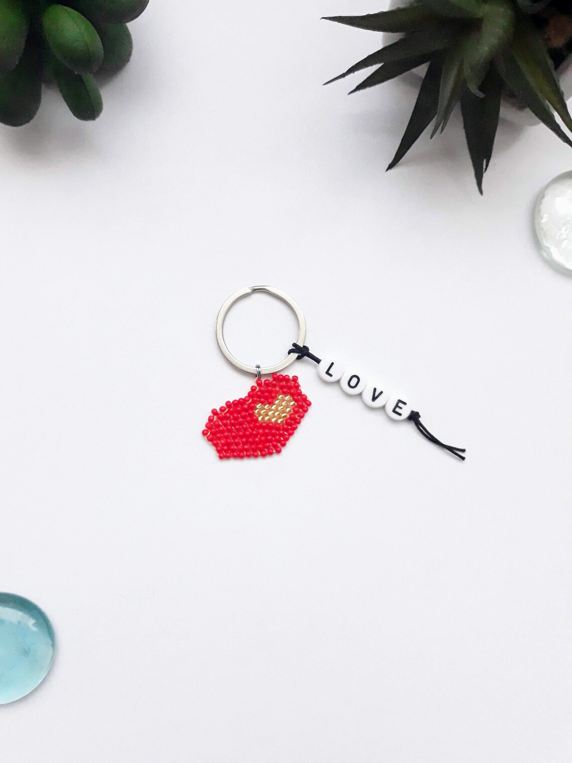 Mini Heart Keychain, Heart Charm and LOVE Message, Red Beaded Heart - Etsy