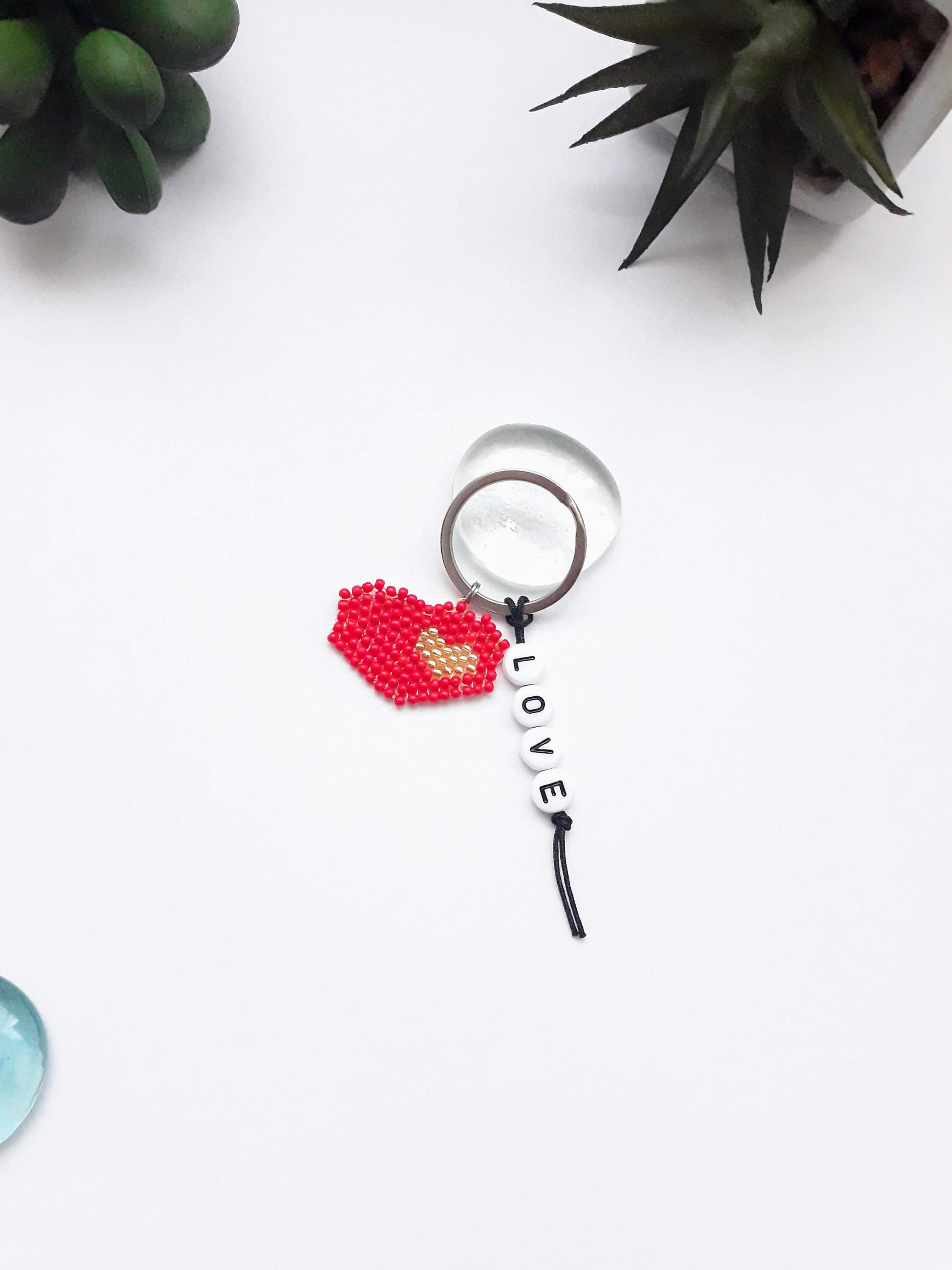 Mini Heart Keychain, Heart Charm and LOVE Message, Red Beaded Heart - Etsy